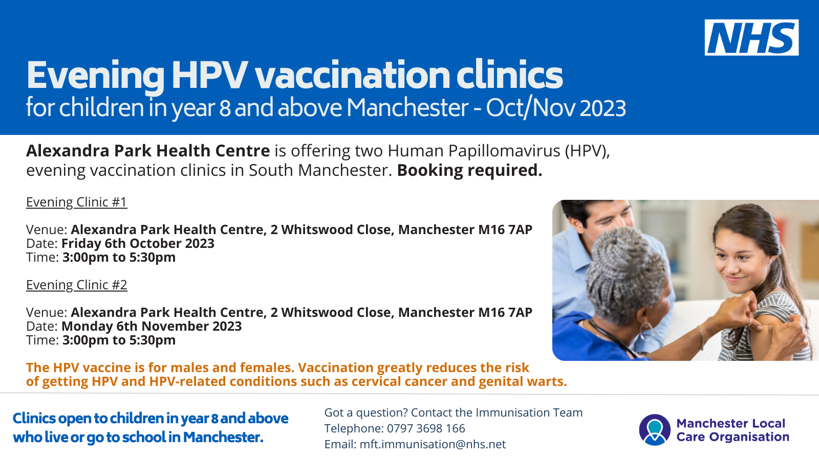 Evening HPV vaccination clinics - Oct/Nov 2023 - Manchester Local Care Organisation